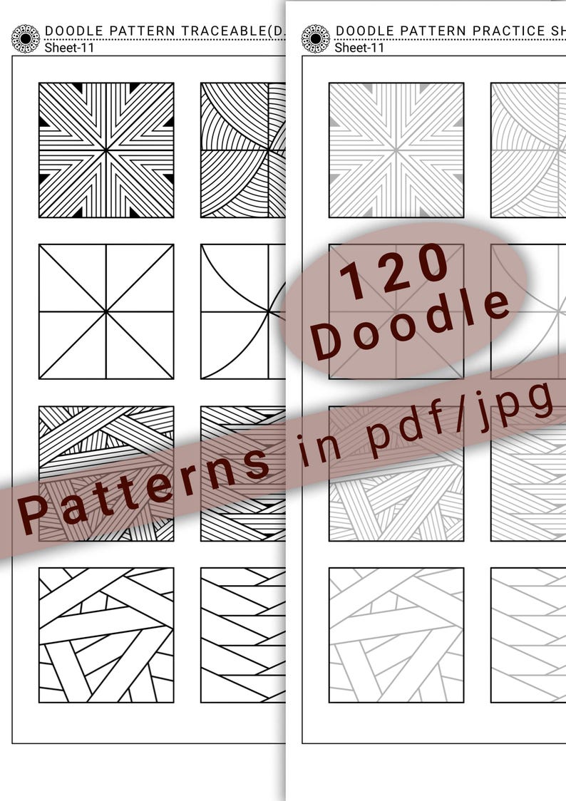 120 Easy Basic Doodle Patterns to Practice in PDF/JPG for Relaxation ...