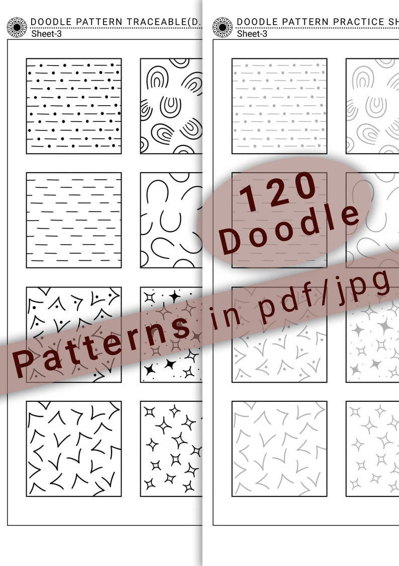 120 Easy Basic Doodle Patterns to Practice in PDF/JPG for Relaxation ...
