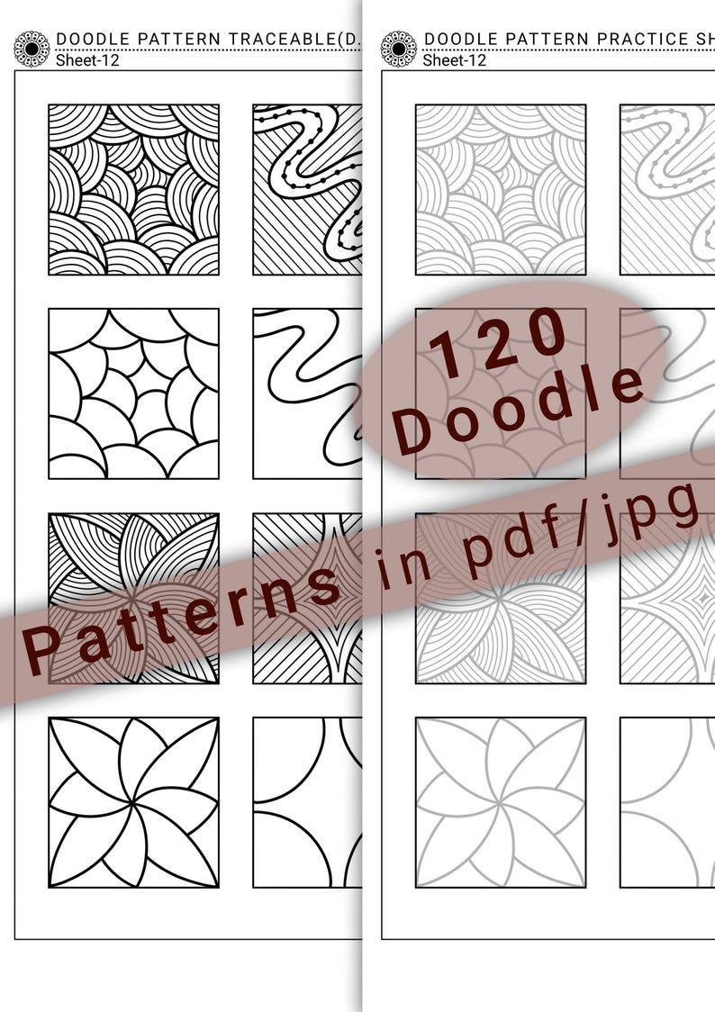 120 Easy Basic Doodle Patterns to Practice in PDF/JPG for Relaxation ...