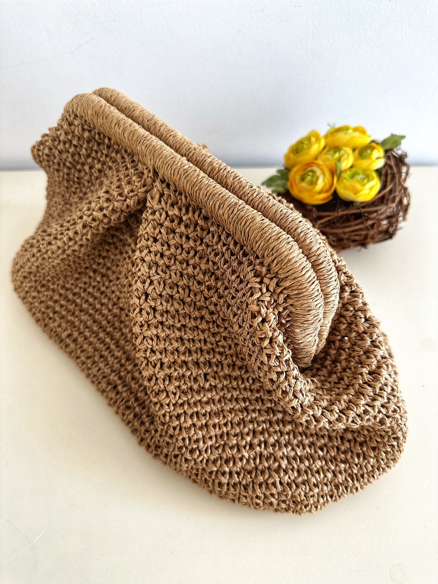 Natural Raffia Handmade Clutch, Crocheted Summer Clutch, Summer Raffia ...