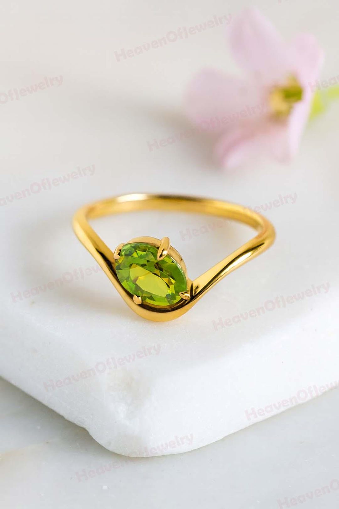 Oval Peridot Ring 14k Solid Gold Floating Gem Ring East West Unique ...