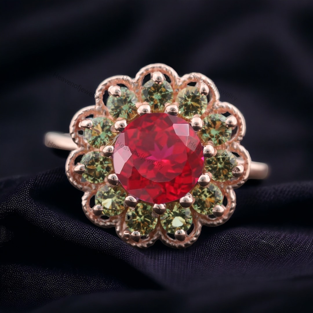 Ruby Floral Engagement Ring Solid Rose Gold Plated Jewelry Antique ...