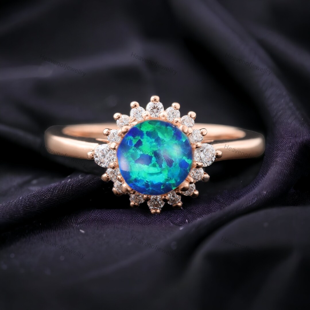 Round Cut Black Opal Wedding Ring Solid Rose Gold Plated Jewelry ...