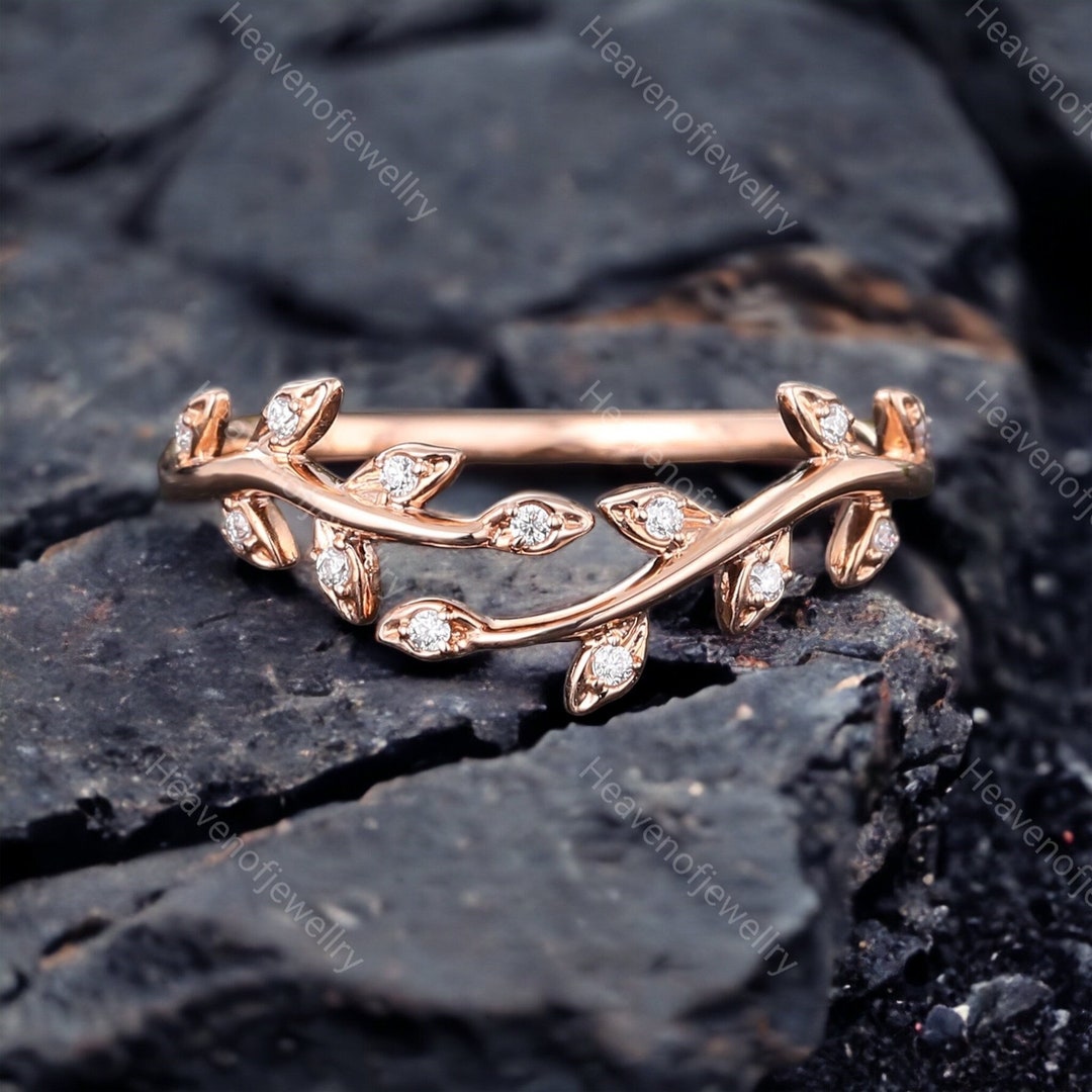 Diamond Leaf Wedding Band Vintage Art Deco Minimalist Ring 14K Rose Gold Twig Dainty Wedding ...