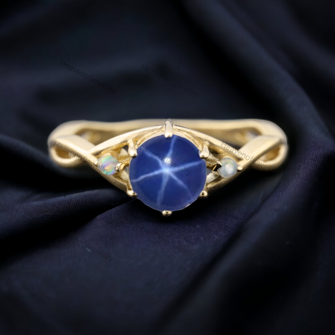 Elegant Blue Lindy Star Ring, Blue Star Sapphire Silver Ring, 925 ...