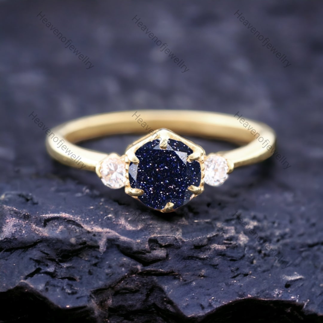 Galaxy Sandstone Ring 14K Yellow Gold Art Deco Nebula Engagement Ring ...