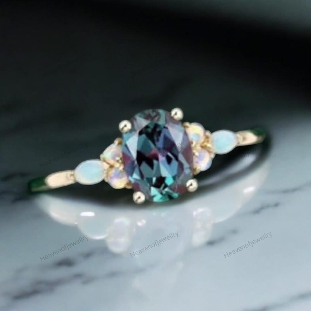 Unique Color Changing Alexandrite Birthday Ring Silver Oval Cut Three ...
