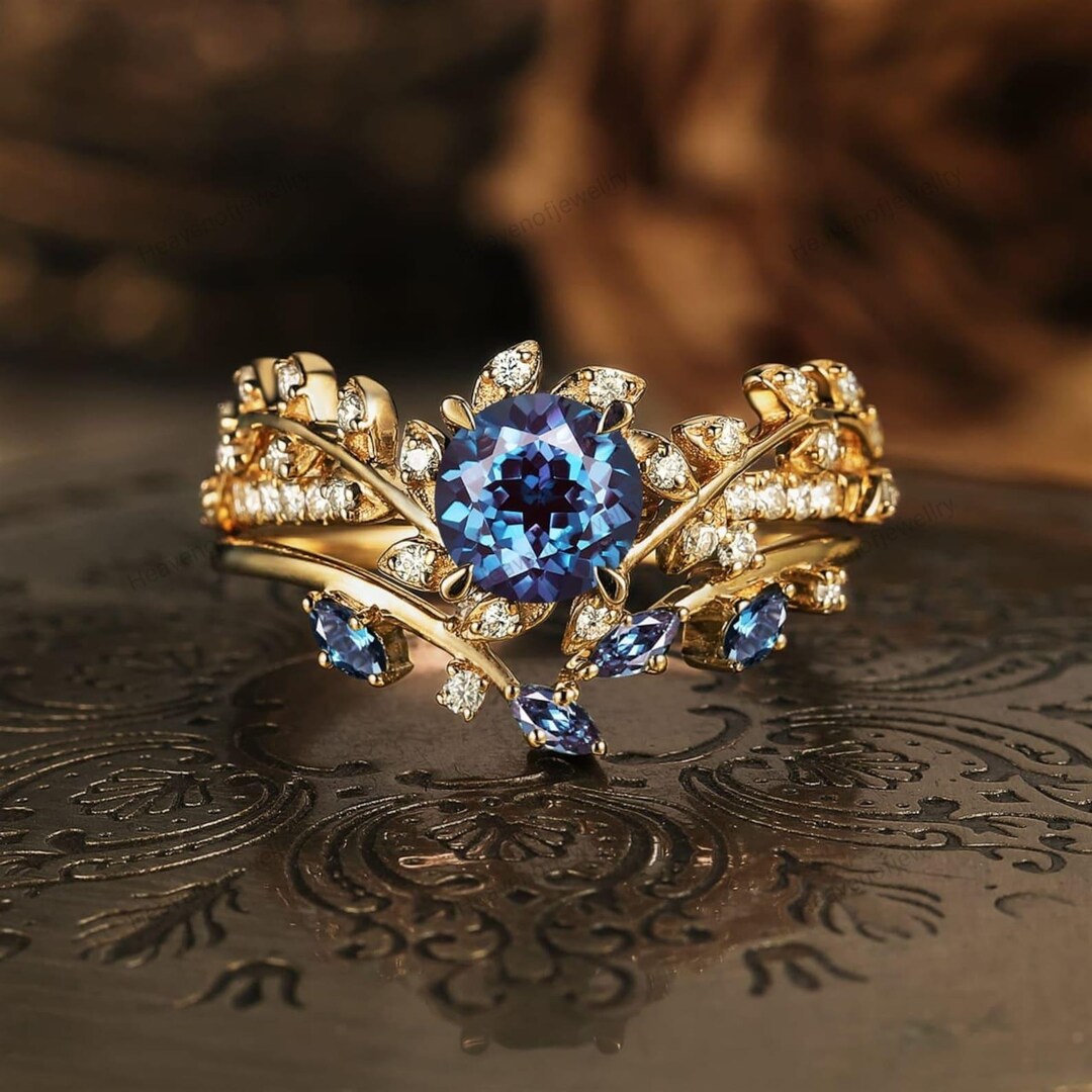 Purple Alexandrite Engagement Ring Set Round Cut Alexandrite Ring ...