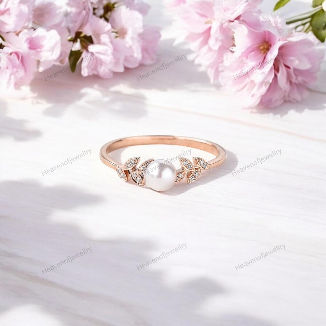 18ct Solid Gold Pearl Engagement Ring Rose Gold Pearl Wedding Ring ...