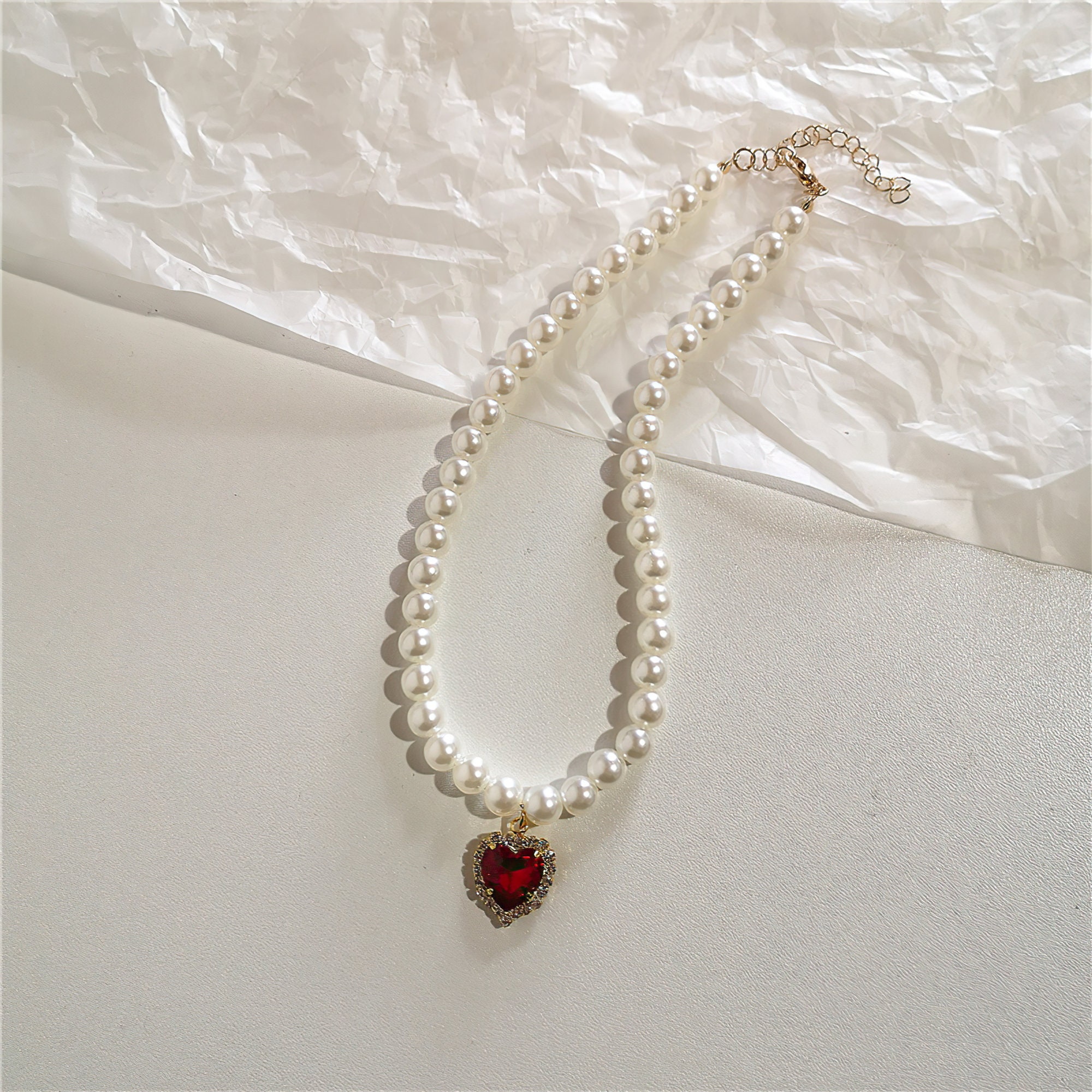 Red Heart Pearl Necklace Cute Necklace Vintage Necklace Fairycore ...