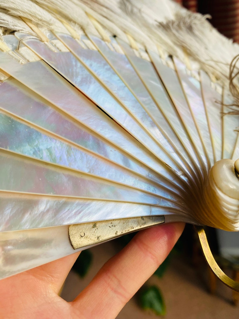 Gorgeous Antique Large Ostrich Feather Fan With Mother of Pearl Handle ...
