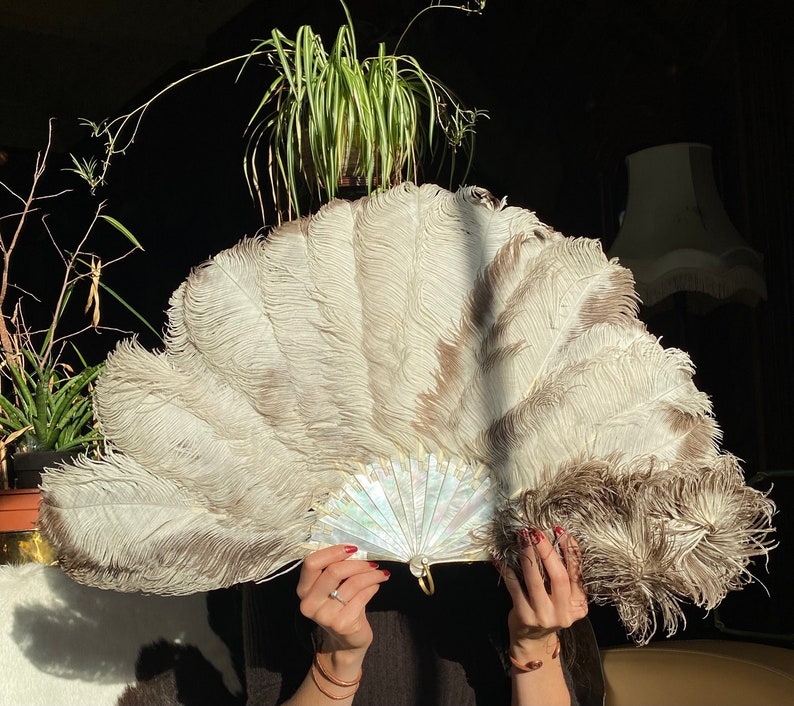 Gorgeous Antique Large Ostrich Feather Fan With Mother of Pearl Handle ...