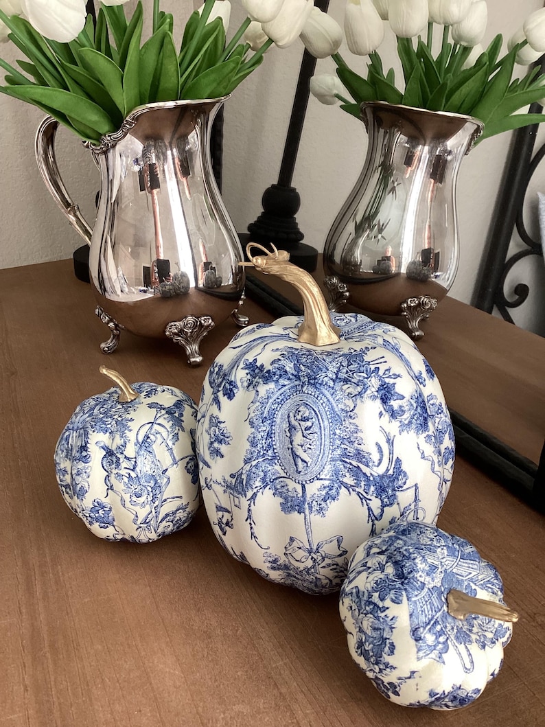Set of 3, Blue French Toile Fall/thanksgiving Pumpkins - Etsy