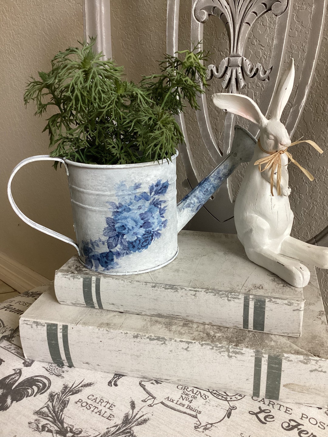 9 X 4 Inch Whitewashed Blue and White Floral Watering Can for Spring ...