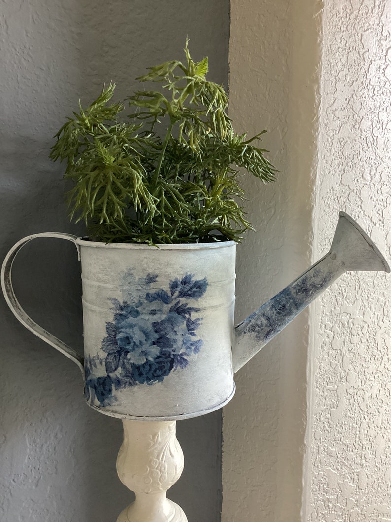 9 X 4 Inch Whitewashed Blue and White Floral Watering Can for - Etsy
