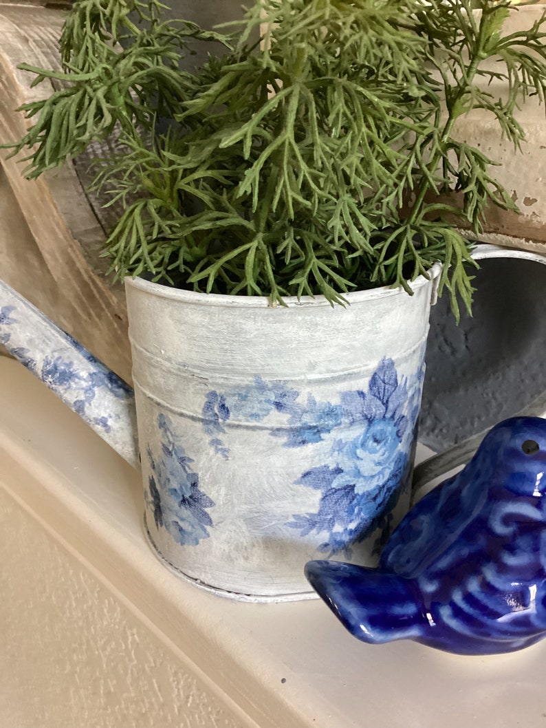 9 X 4 Inch Whitewashed Blue and White Floral Watering Can for - Etsy