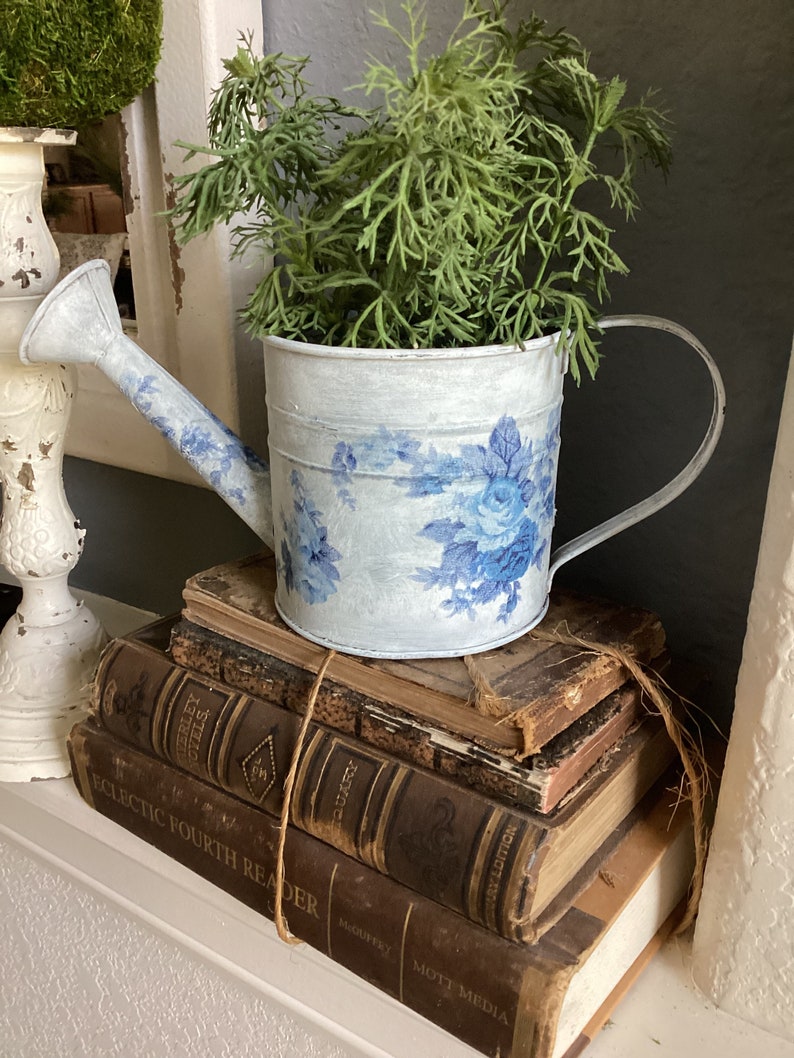 9 X 4 Inch Whitewashed Blue and White Floral Watering Can for - Etsy