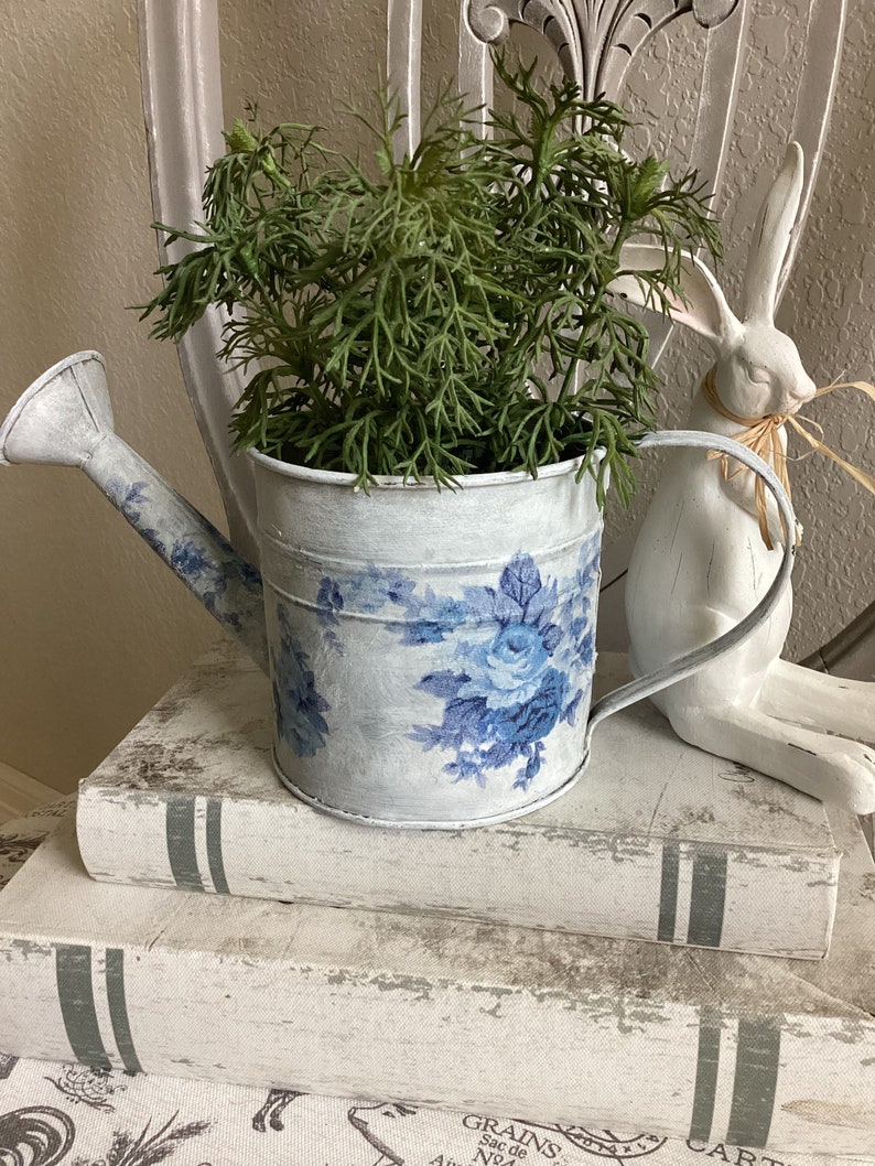 9 X 4 Inch Whitewashed Blue and White Floral Watering Can for - Etsy