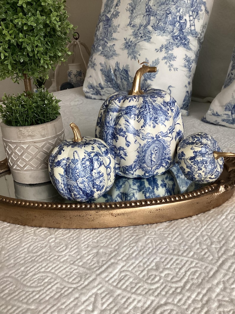 Set of 3, Blue French Toile Fall/thanksgiving Pumpkins - Etsy