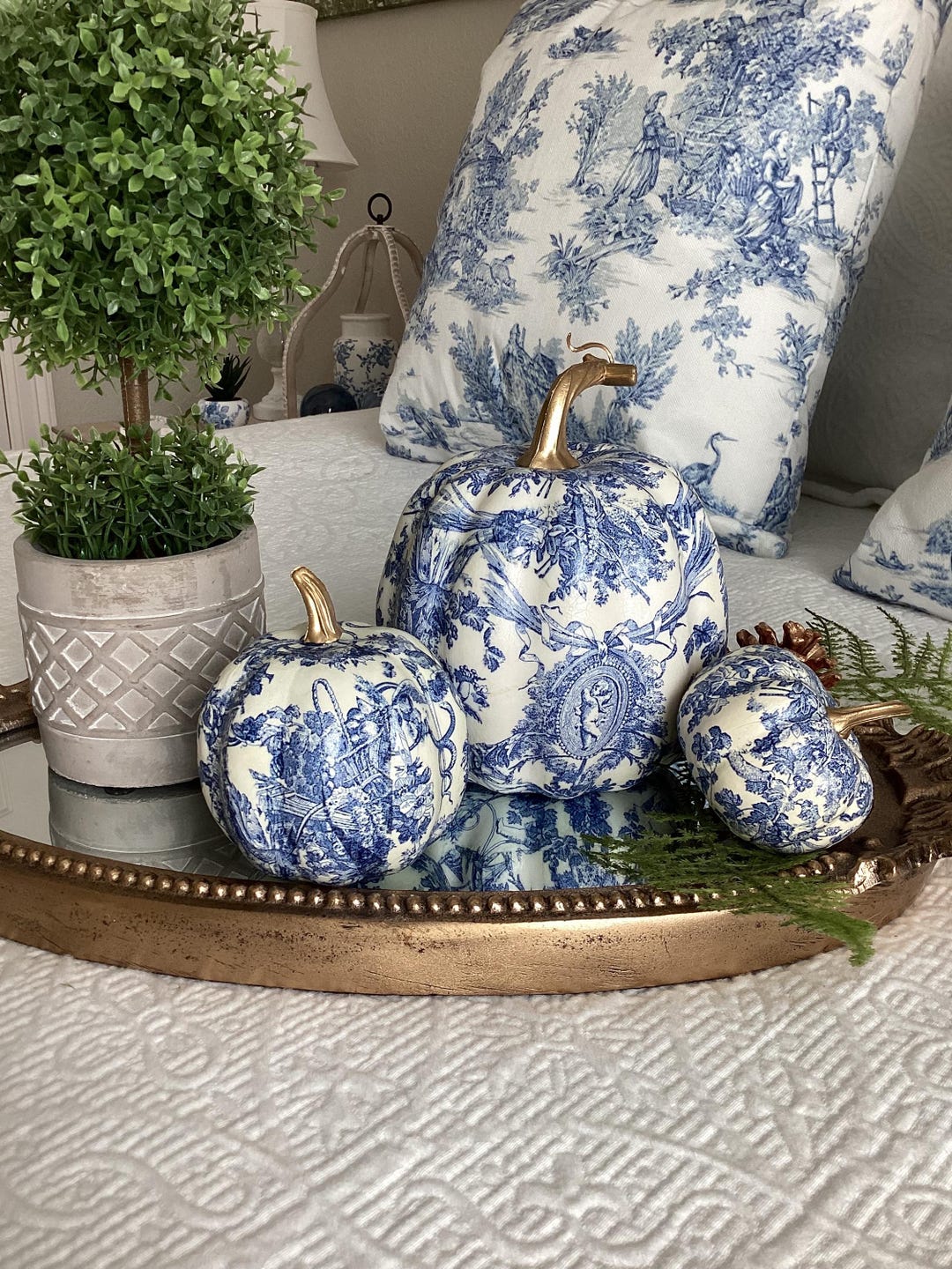 Set of 3, Blue French Toile Fall/thanksgiving Pumpkins - Etsy