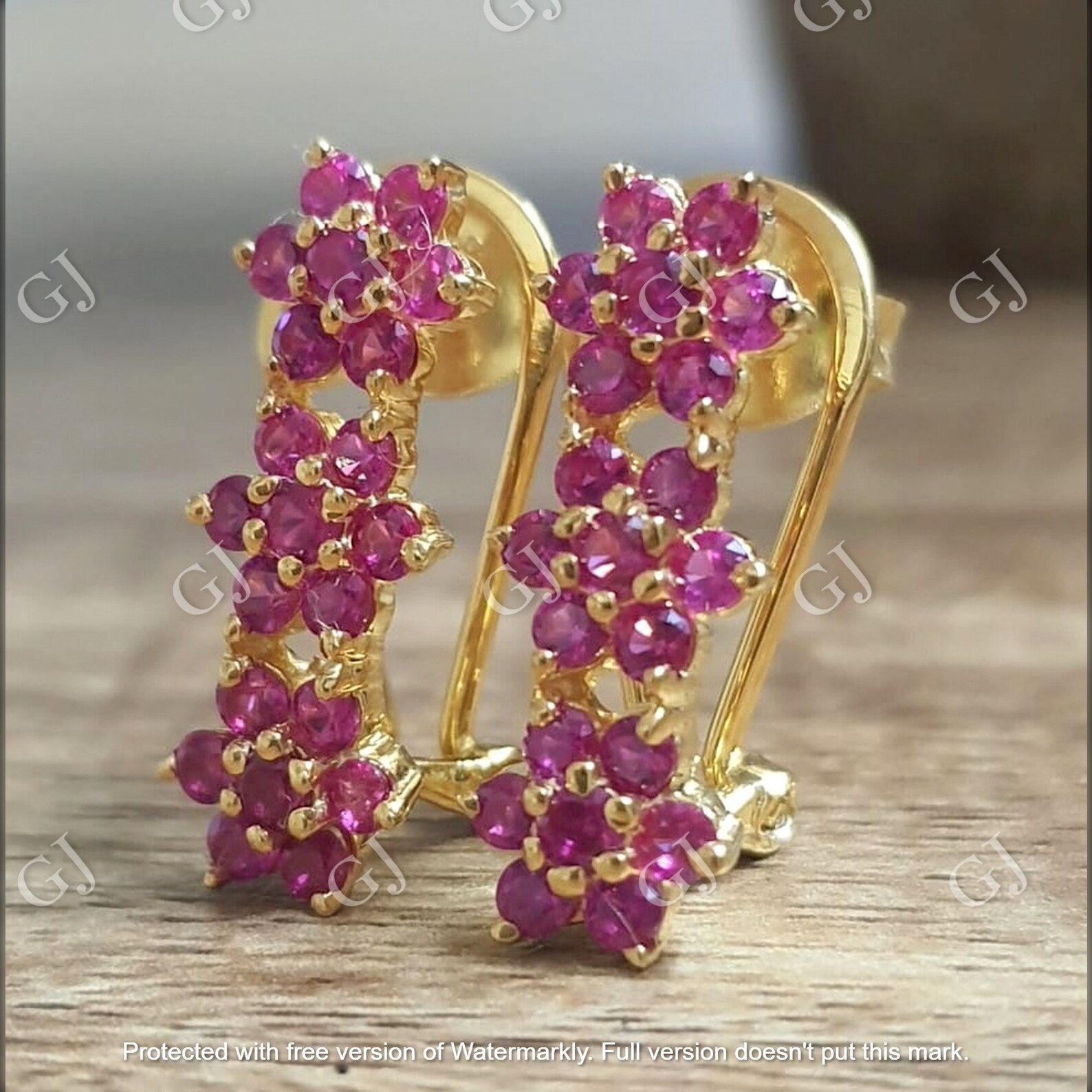 Pink Ruby Flower Huggie Earrings - 14K Yellow Gold Finish - Etsy