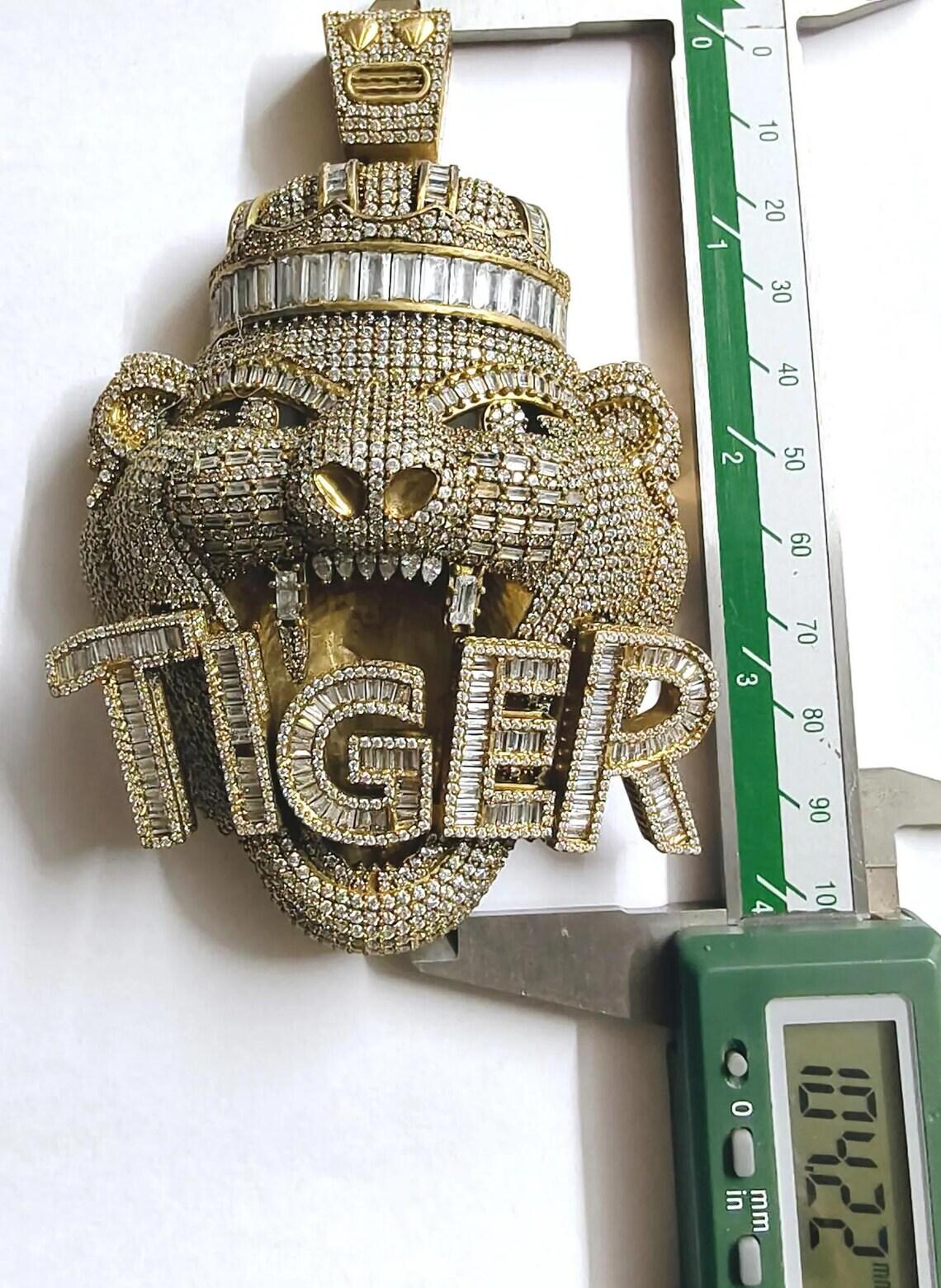 Iced Out Lion Head Pendant: Custom Name Baguette Lab Diamond, 14k ...
