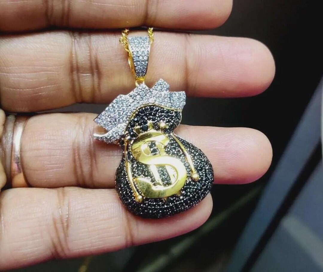 Simulated Black Diamond Money Bag Pendant 14K Yellow Gold Finish 925 ...
