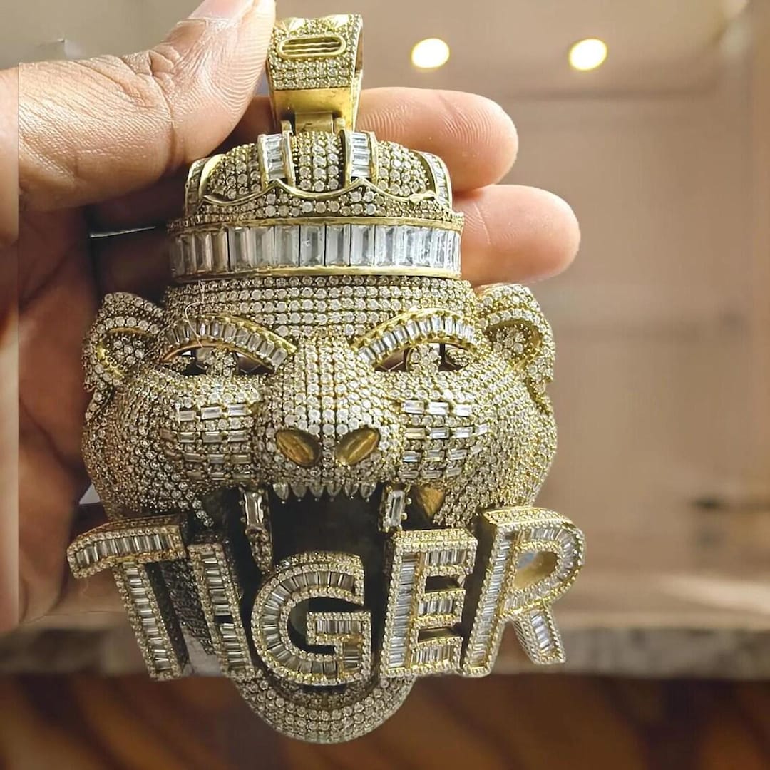 Iced Out Lion Head Pendant: Custom Name Baguette Lab Diamond, 14k ...