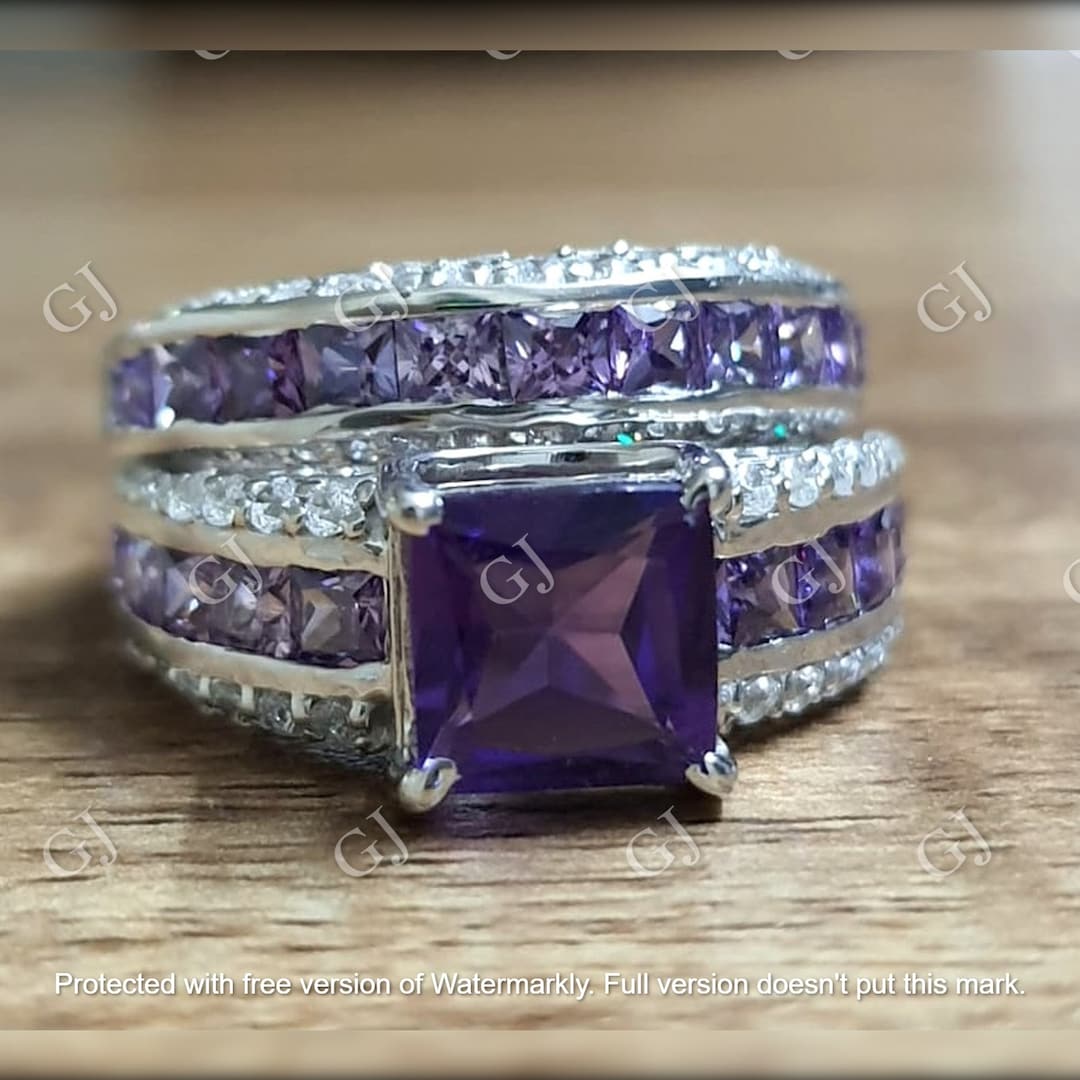 3ct Princess Cut Amethyst Bridal Set: 14K White Gold Finish Ring - Etsy