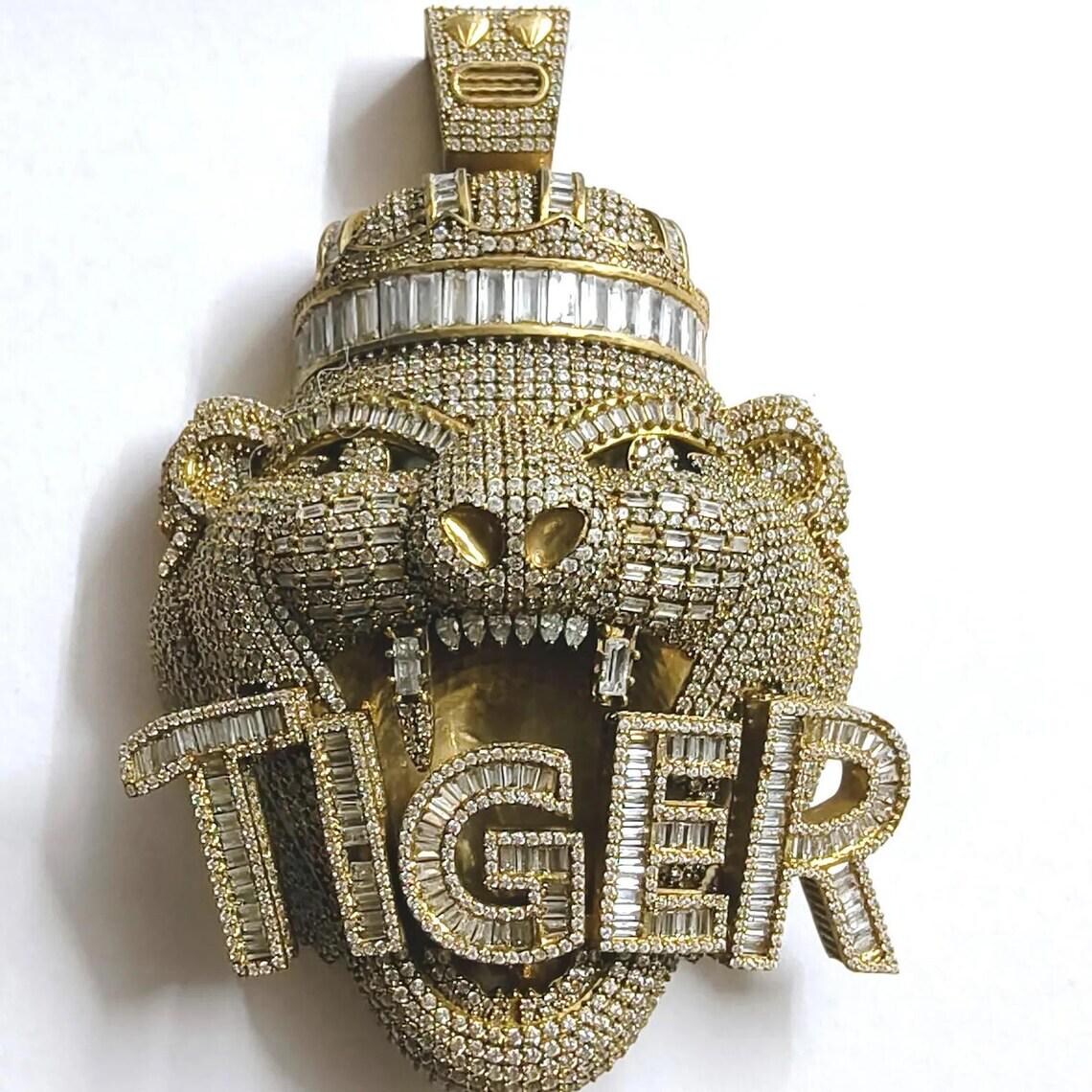 Iced Out Lion Head Pendant: Custom Name Baguette Lab Diamond, 14k ...