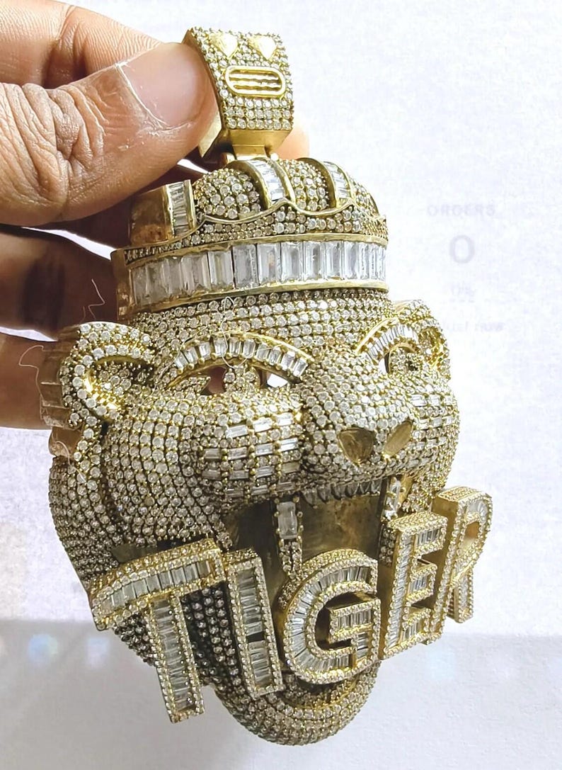 Iced Out Lion Head Pendant: Custom Name Baguette Lab Diamond, 14k ...
