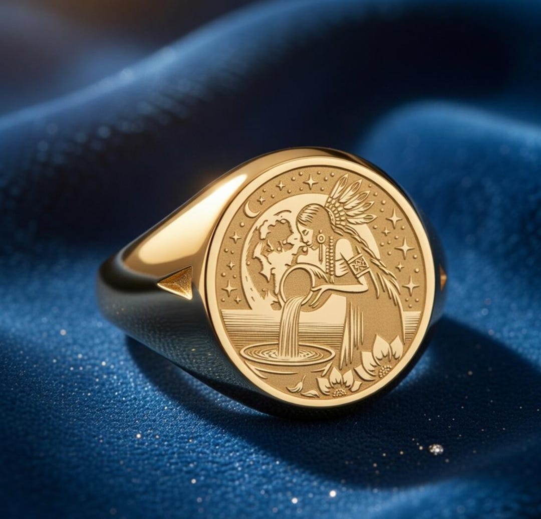 Aquarius Zodiac Signet Ring: Gold Tone Brass Water Bearer Engraved Boho ...