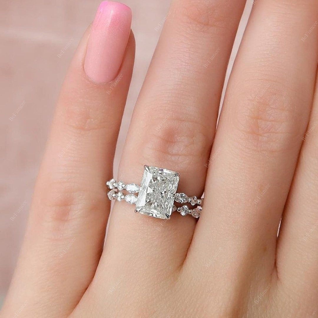 3ct Radiant Cut Engagement Ring Set 14K White Gold Moissanite - Etsy