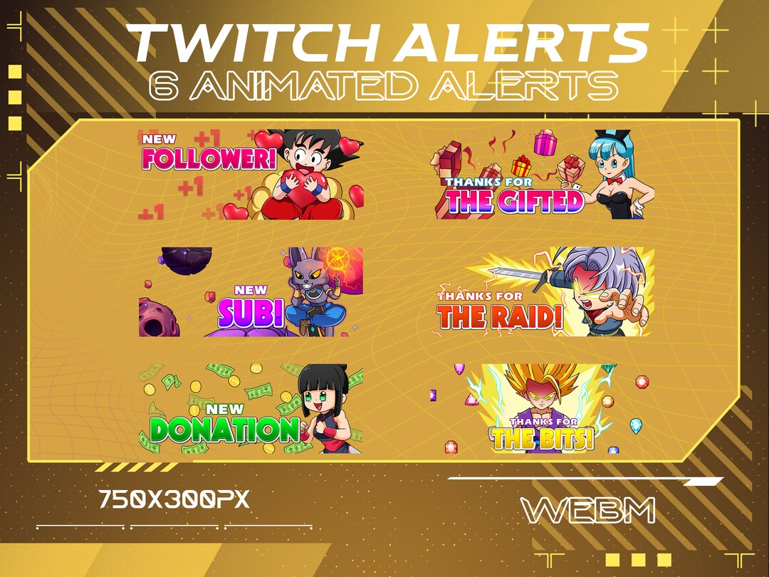 6 SSJ Anime Manga Twitch Animated Alerts Pack, Youtube Discord Animated ...