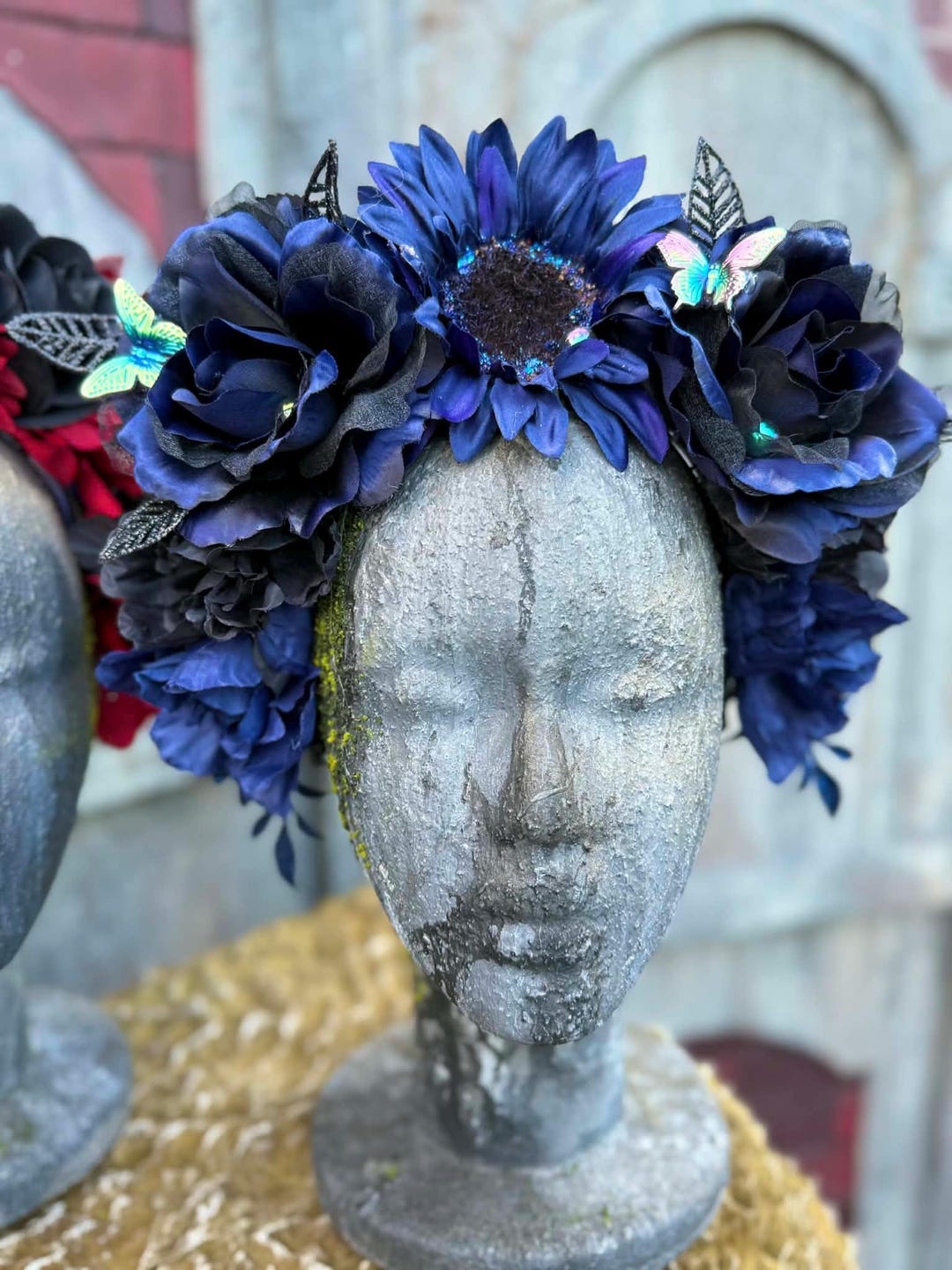Midnight Butterfly Garden – Dark Blue Floral Crown With Iridescent ...
