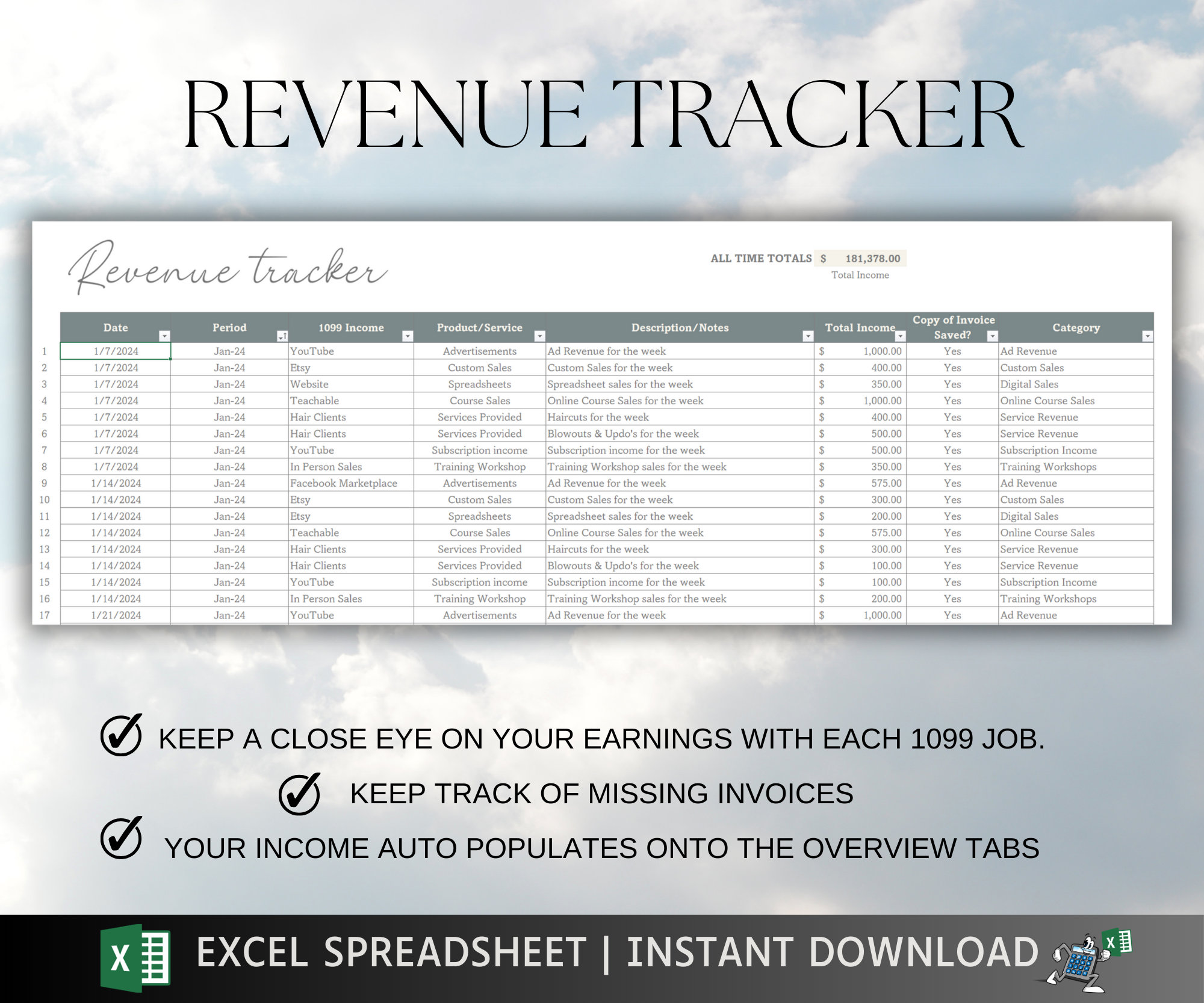 Multi-1099 Bookkeeping Spreadsheet Excel Finance Spreadsheet Income and ...