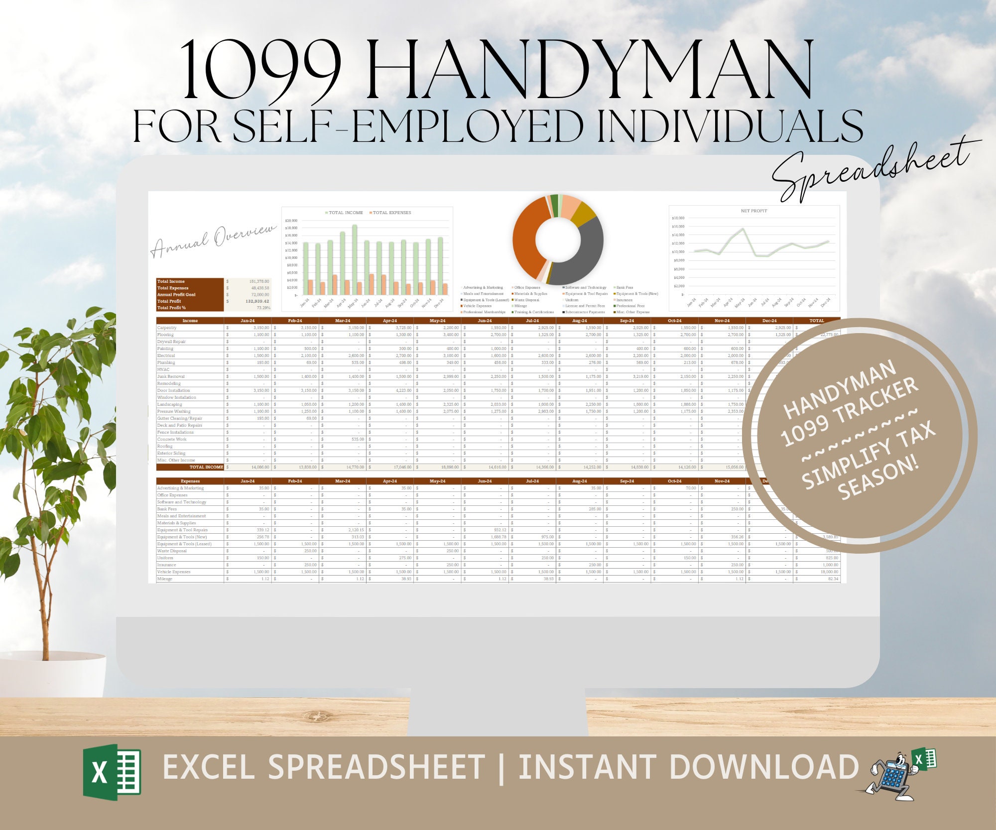 Handyman 1099 Bookkeeping Spreadsheet Excel Finance Spreadsheet Income ...