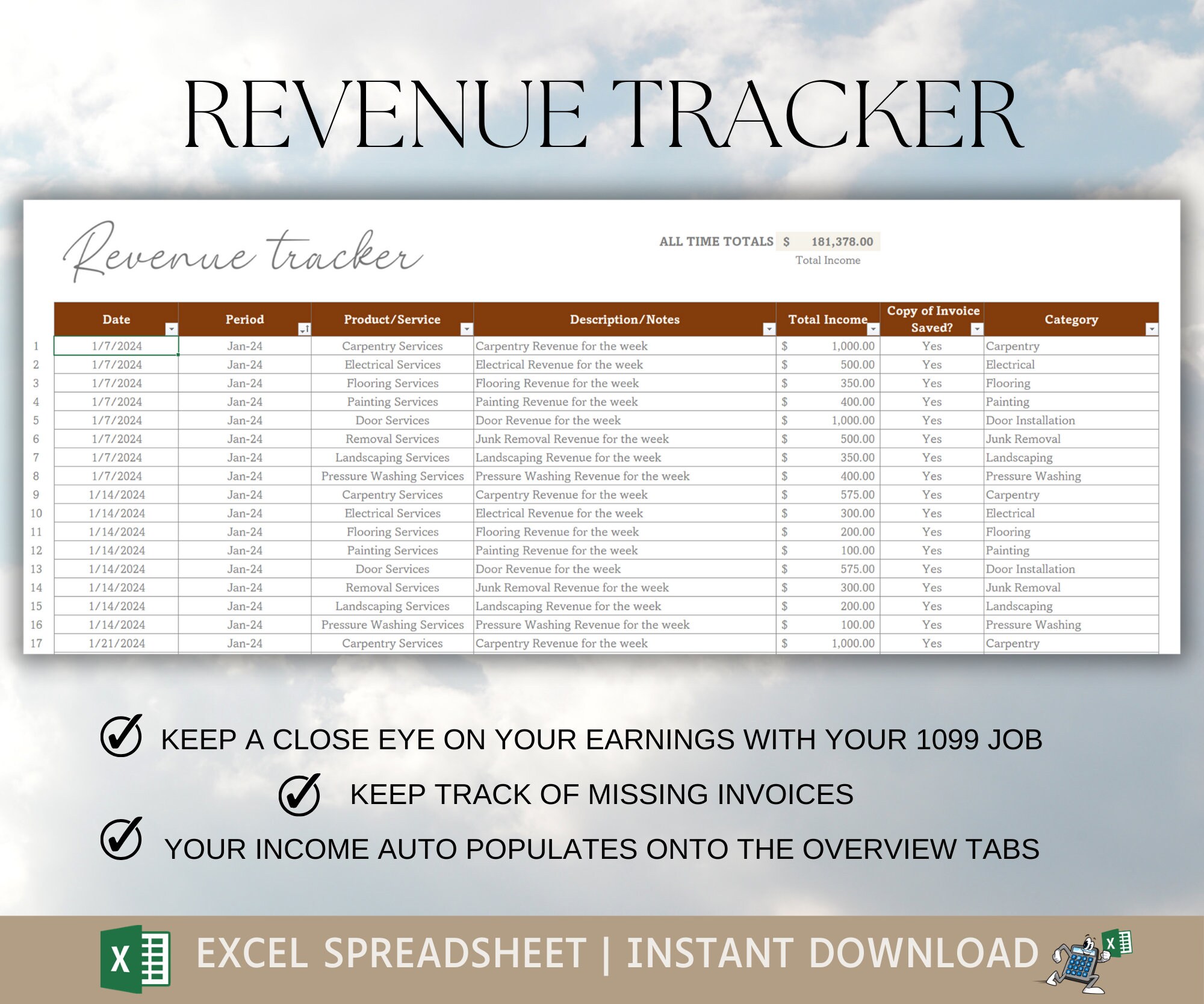 Handyman 1099 Bookkeeping Spreadsheet Excel Finance Spreadsheet Income ...