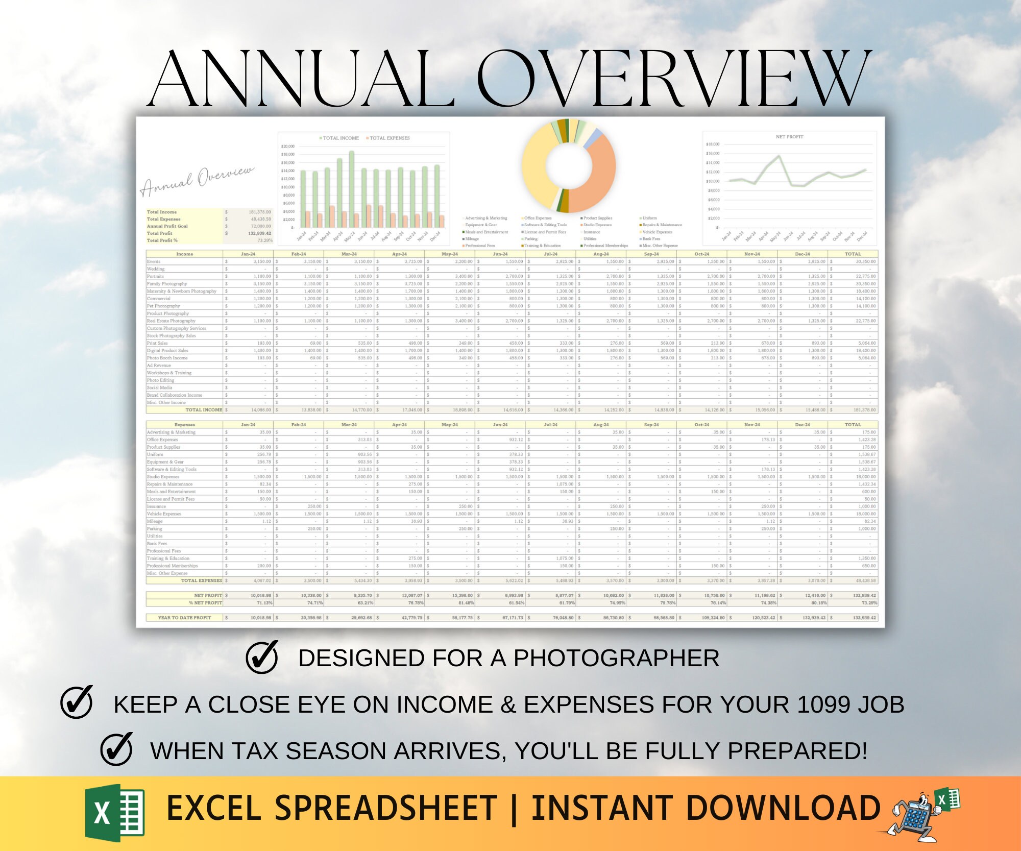 Photographer 1099 Bookkeeping Spreadsheet Excel Finance Spreadsheet ...