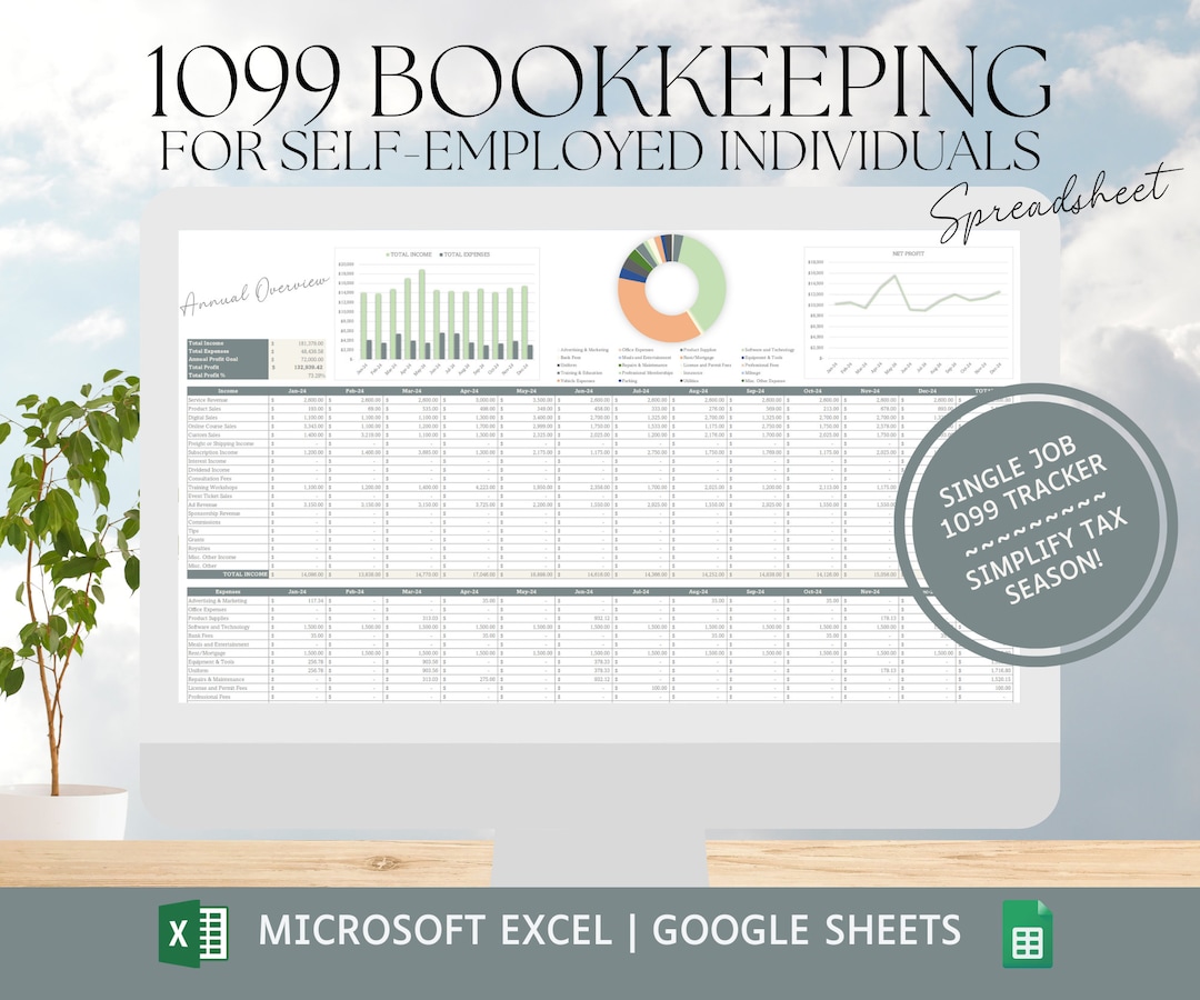 1099 Bookkeeping Spreadsheet: Accounting Income and Expense Tracker ...