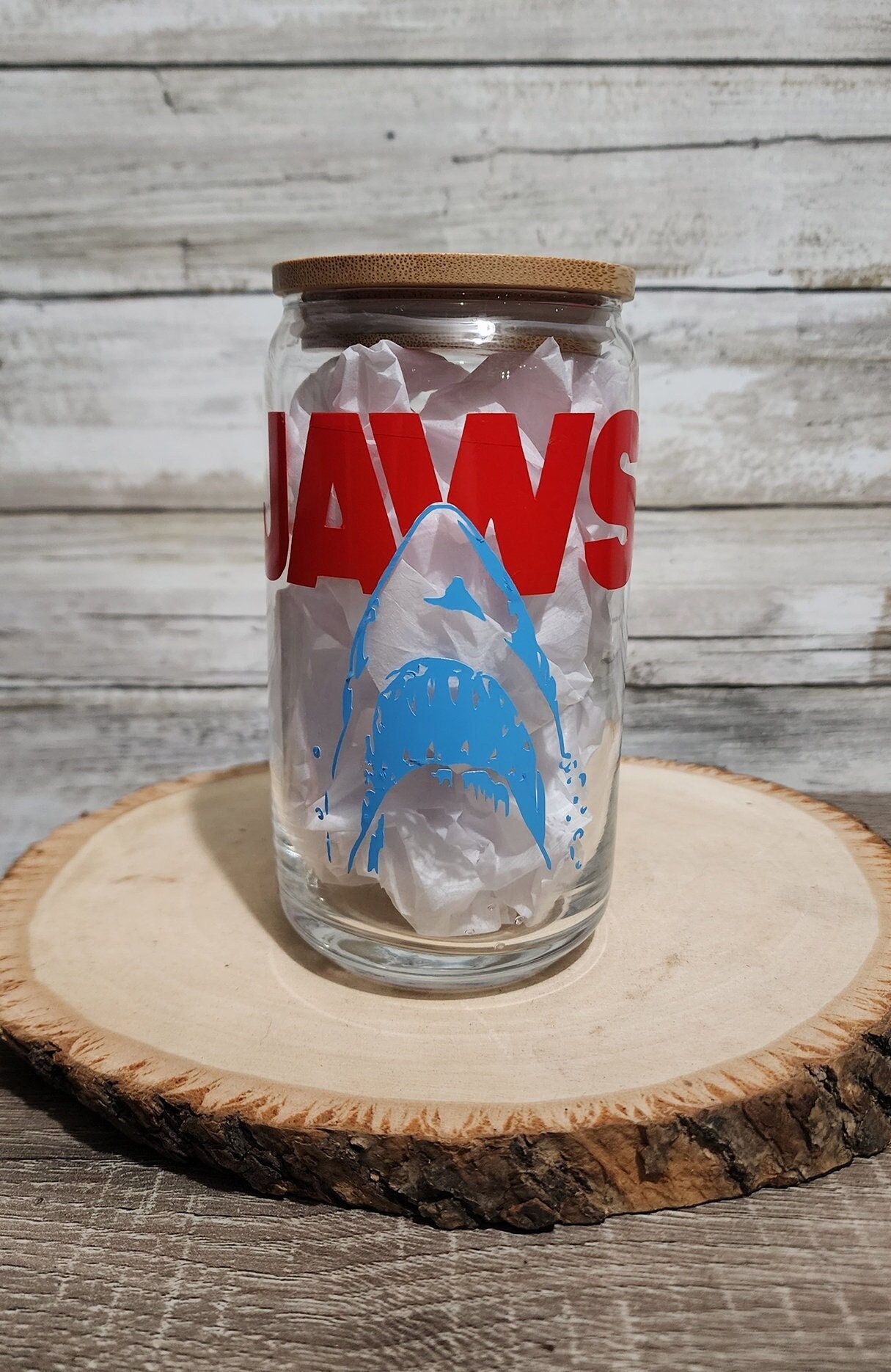 JAWS Inspired Beer Can Glass Cup 16oz Bamboo Lid Glass Cute Iced Coffee ...