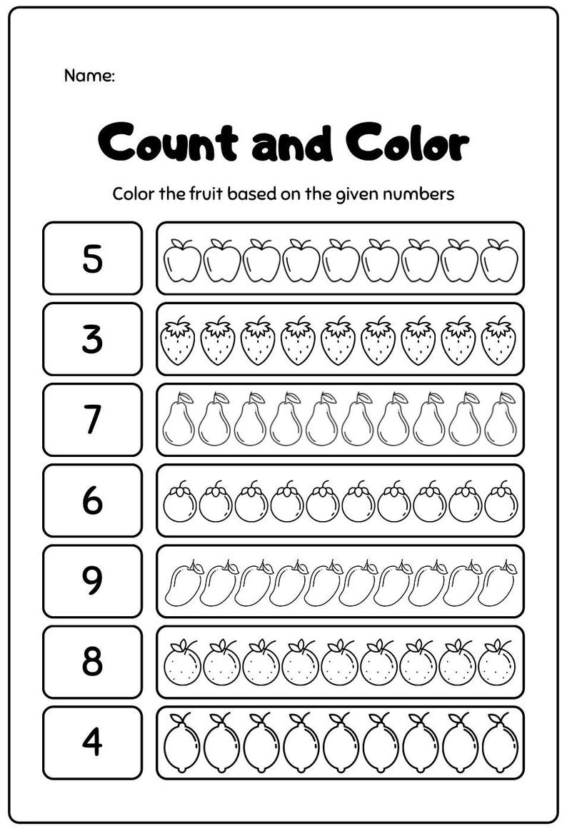 Fruit Count and Color Worksheet | Early Math Activity (digital Download ...