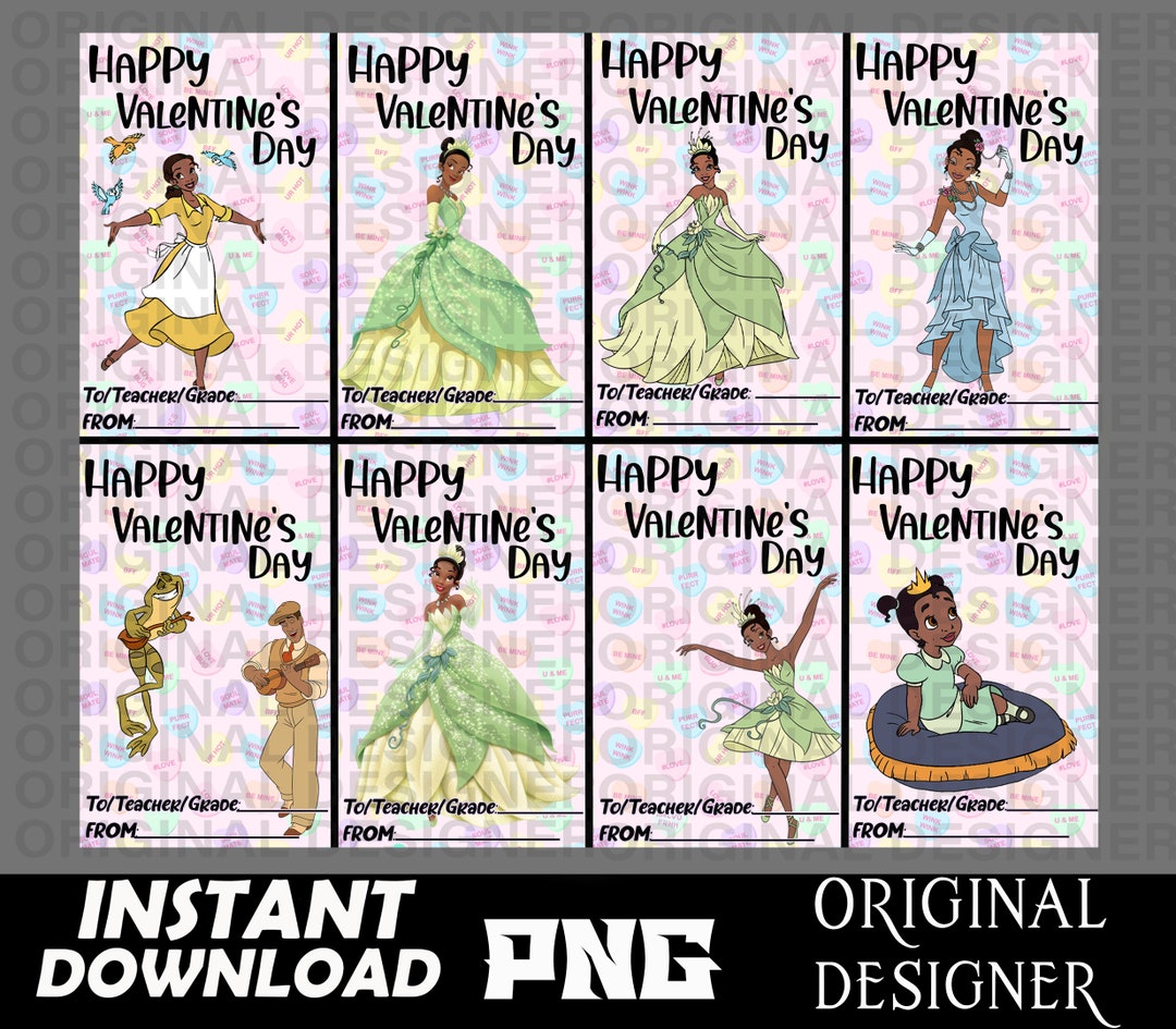 Teacher Valentine Cards, Printable Valentine Kids Cards, Princess Tiana ...
