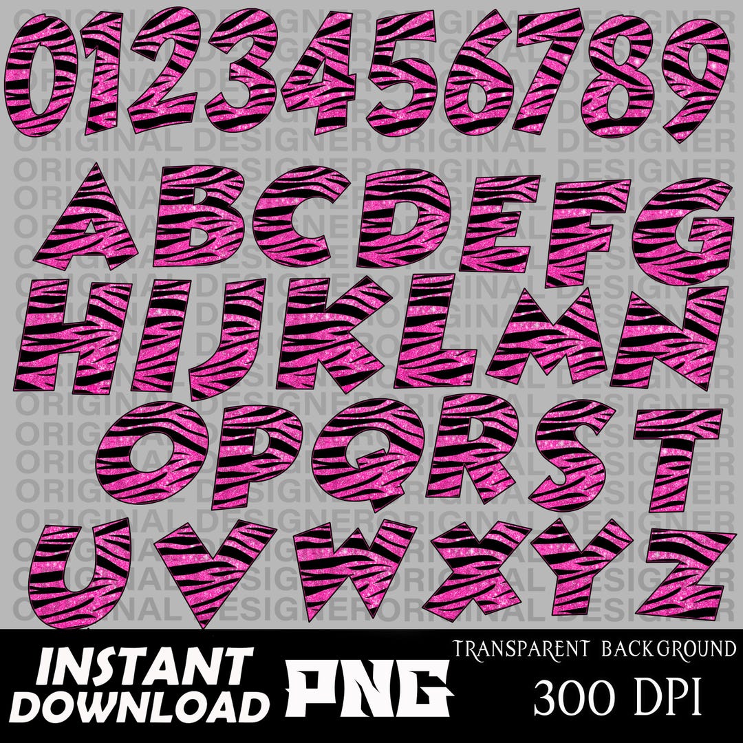 Hot Pink Glitter Zebra Tiger Print PNG, Safari Letters and Numbers Set ...
