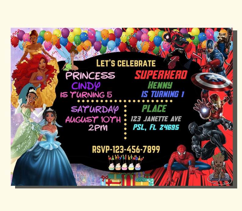 Black Princess and Superhero Invitation, Split Invitation, Custom ...