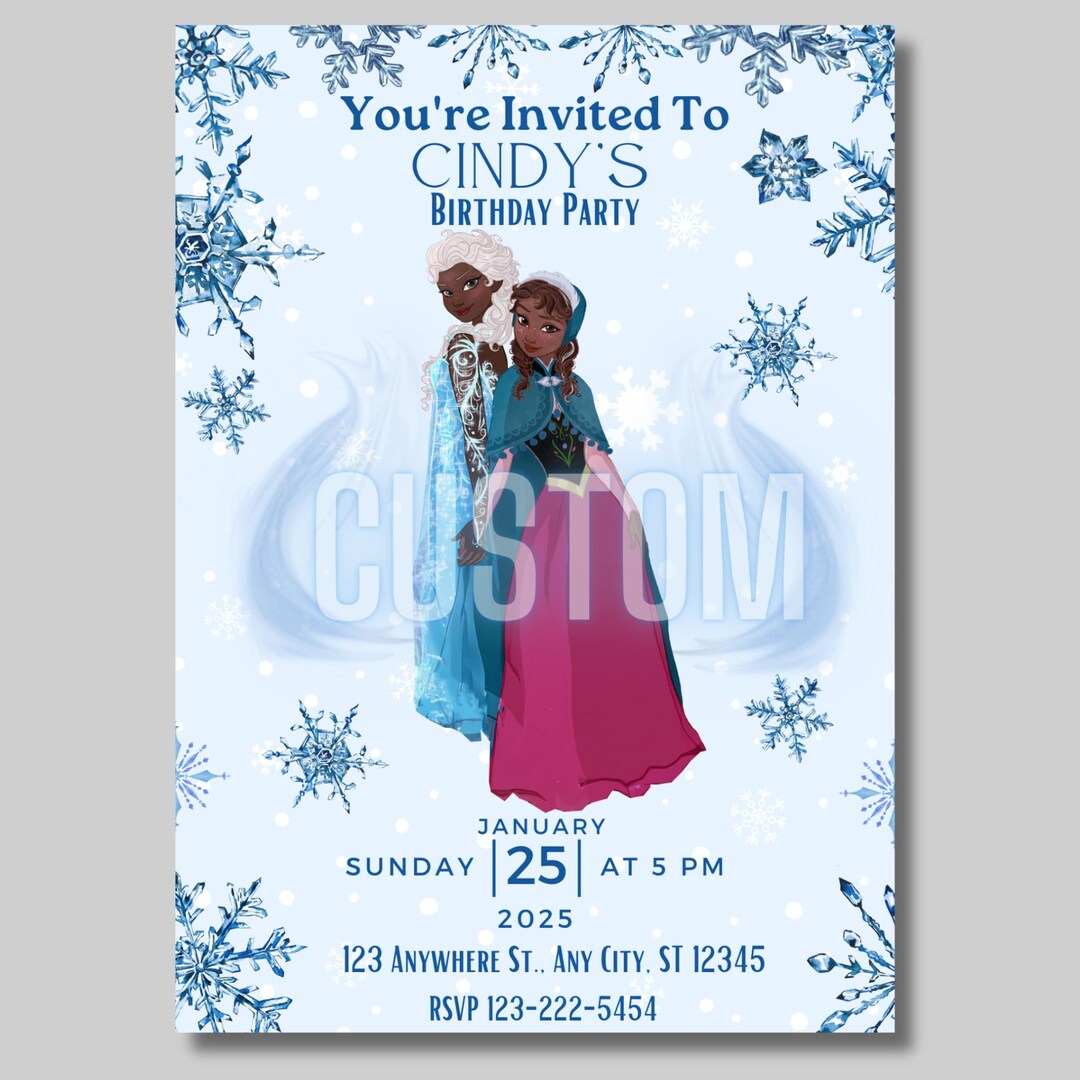 Black Princess Frozen Birthday Invitation, Black Elsa Black Anna ...