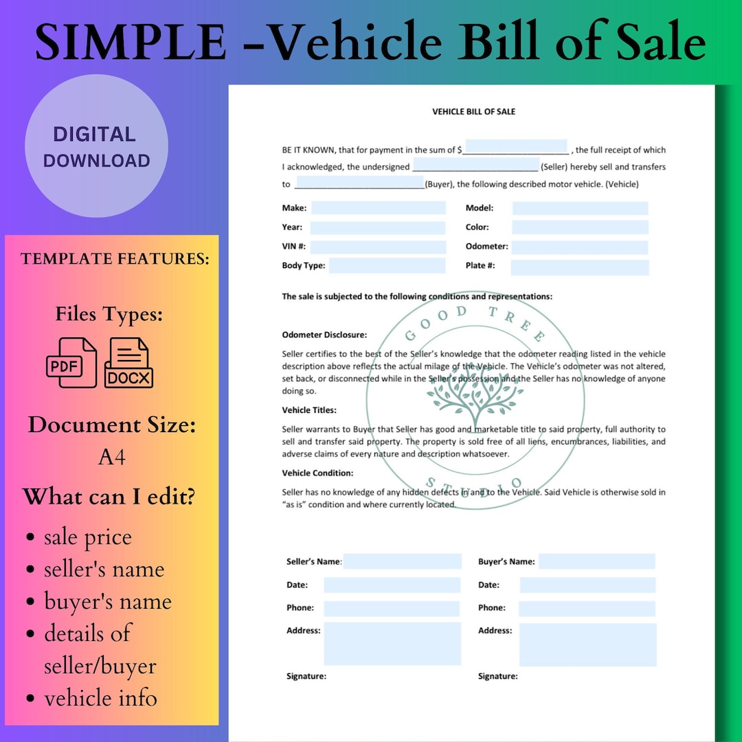 Fillable Motor Vehicle Bill of Sale Template (PDF & Word, A4/US Letter ...