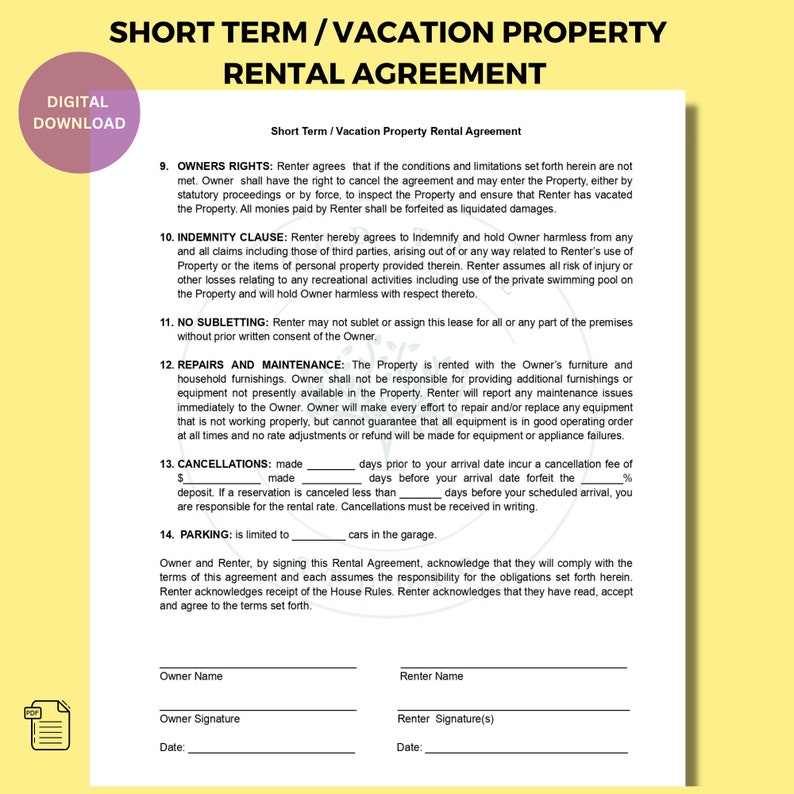 Short Term Rental Agreement Template: Vacation Lease Contract (PDF File ...