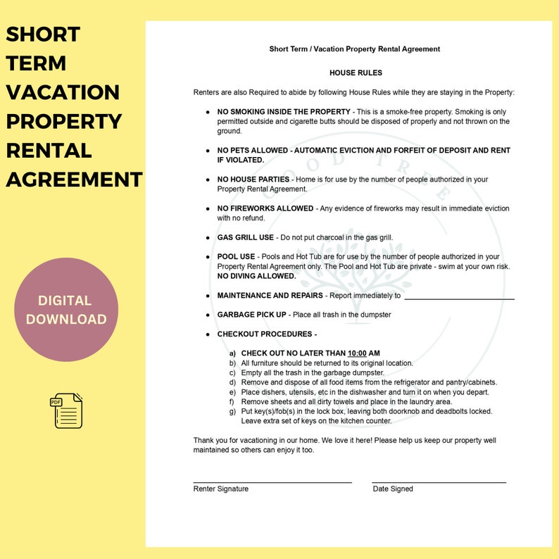 Short Term Rental Agreement Template: Vacation Lease Contract (PDF File ...
