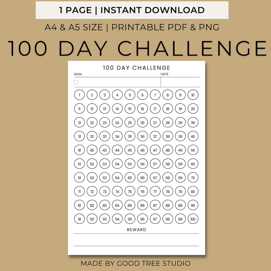 100 Day Challenge Tracker: Printable Goal Setting (A4/A5 PDF & PNG) - Etsy